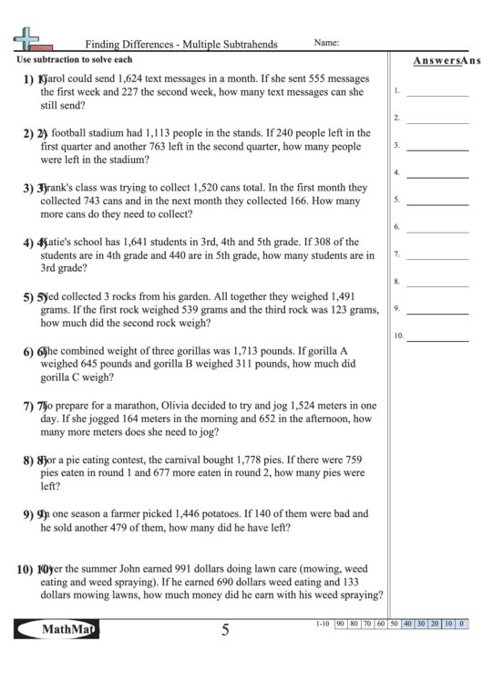 Finding Differences - Multiple Subtrahends Math Worksheet printable pdf ...