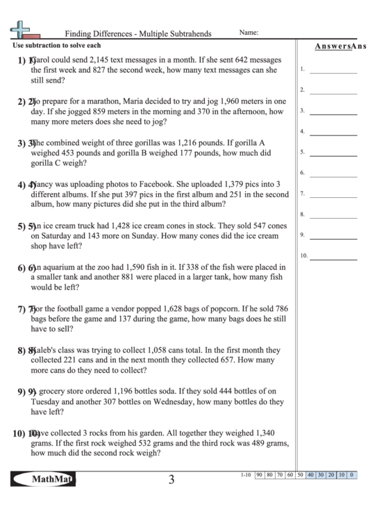 Finding Differences - Multiple Subtrahends Math Worksheet printable pdf ...
