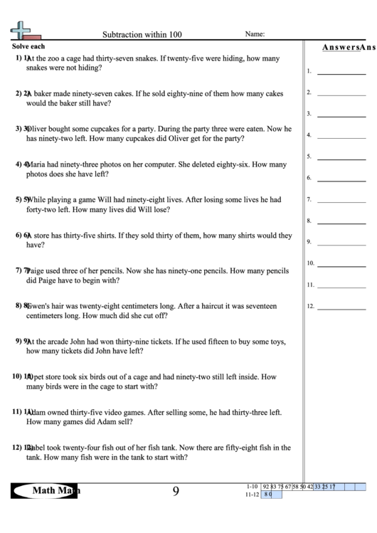 Subtraction Within 100 Math Worksheet printable pdf download