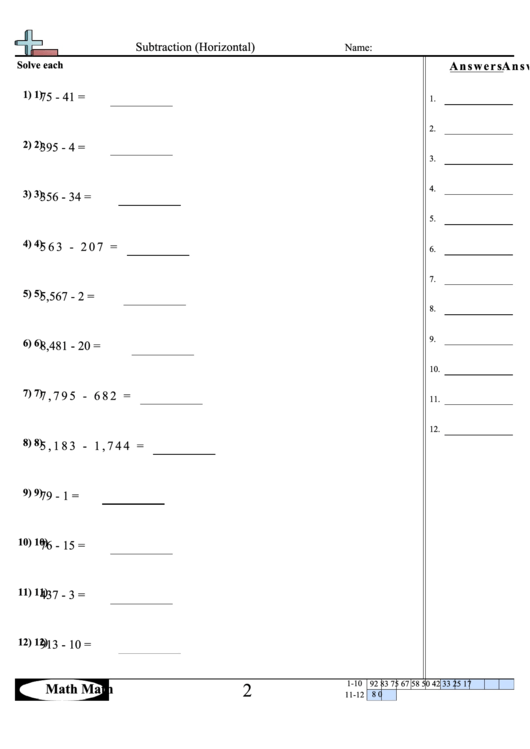 Subtraction (Horizontal) Math Worksheet printable pdf download