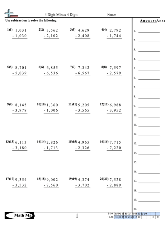 Math 4 Digit Minus 4 Digit Worksheet printable pdf download