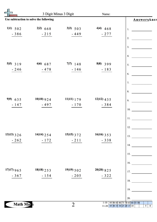 Math 3 Digit Minus 3 Digit Sheet printable pdf download