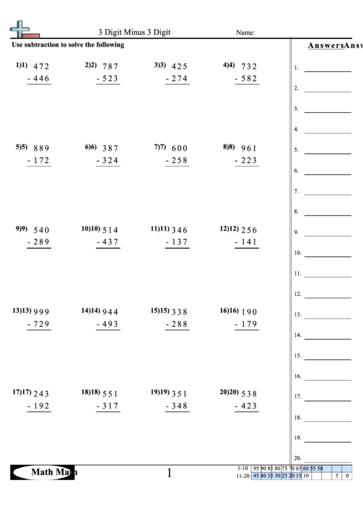 Math 3 Digit Minus 3 Digit Sheet printable pdf download