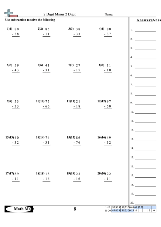Math 2 Digit Minus 2 Digit Sheet printable pdf download