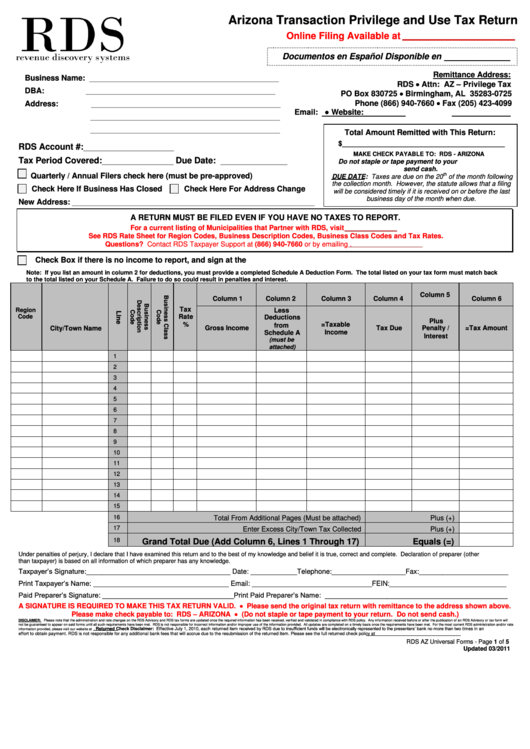 Rds Arizona Transaction Privilege And Use Tax Return Form Printable Pdf