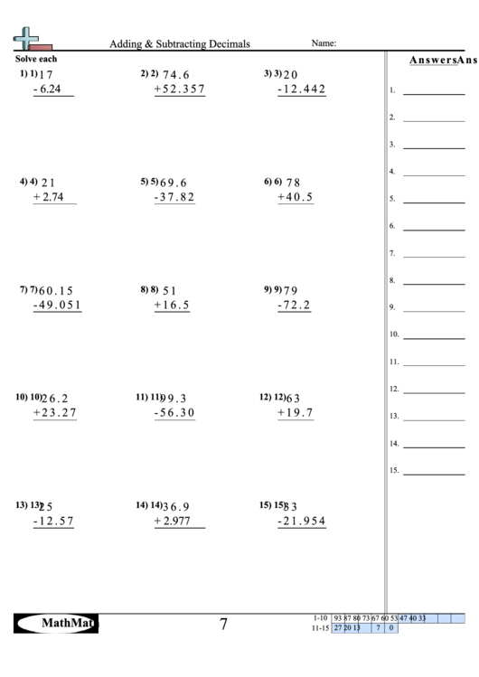 Adding & Subtracting Decimals Worksheet printable pdf download