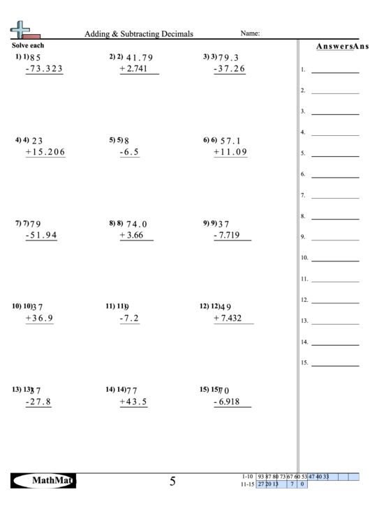 Adding & Subtracting Decimals Worksheet printable pdf download