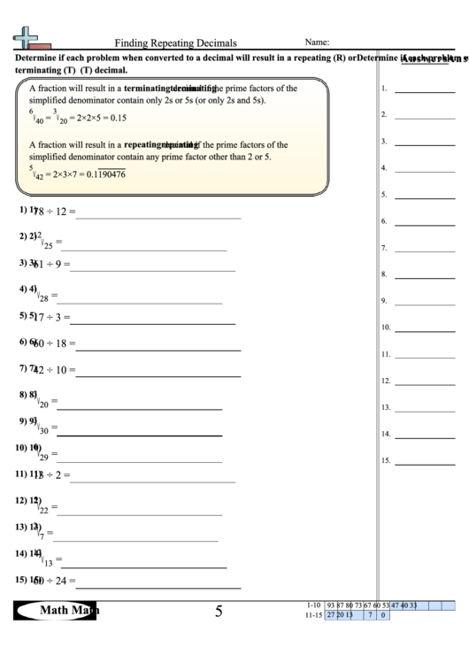 Finding Repeating Decimals Worksheet With Answer Key printable pdf download