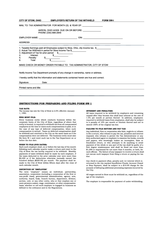 Form Sw-L - Employer'S Return Of Tax Withheld printable pdf download