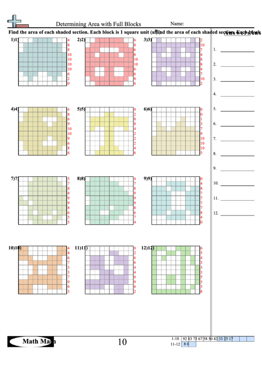 Determining Area With Full Blocks Math Worksheet With Answer Key ...