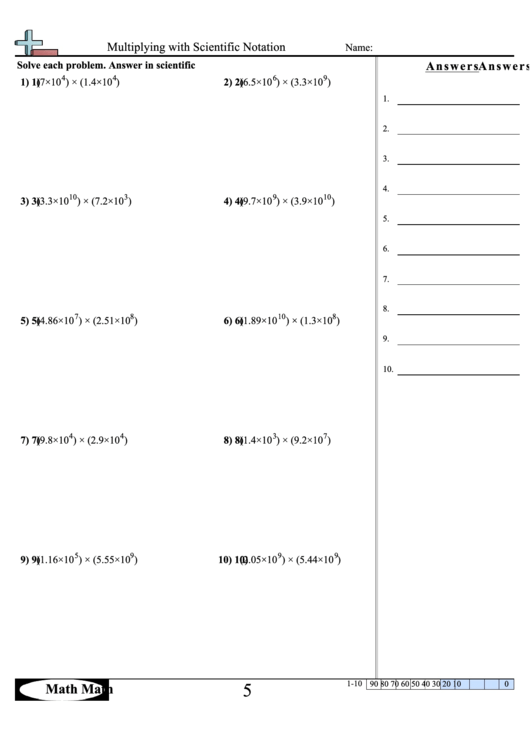 Multiplying With Scientific Notation Math Worksheet With Answer Key