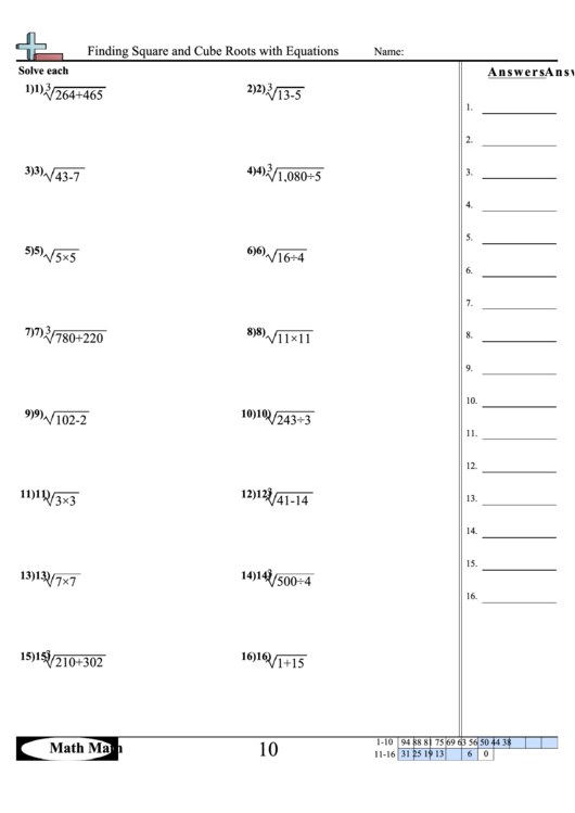 Finding Square And Cube Roots With Equations Math Worksheet With 