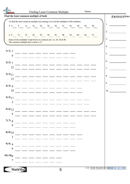 Finding Least Common Multiple Worksheet With Answer Key Printable Pdf 