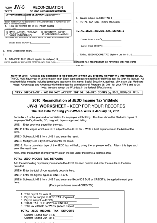 Form Jw-3 - Reconciliation Of Jedd Income Tax Withheld - 2010 printable ...