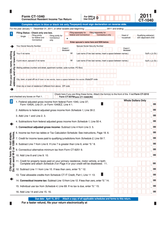 Form Ct-1040 - Connecticut Resident Income Tax Return - 2011 printable ...