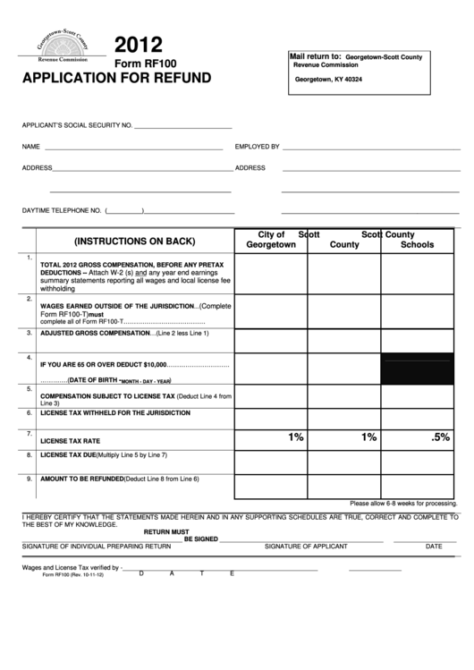 Form Rf100 - Application For Refund - 2012 printable pdf download