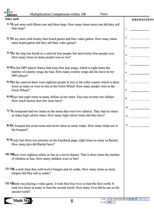 Multiplication Comparisons Within 100 Math Worksheet With Answer Key 