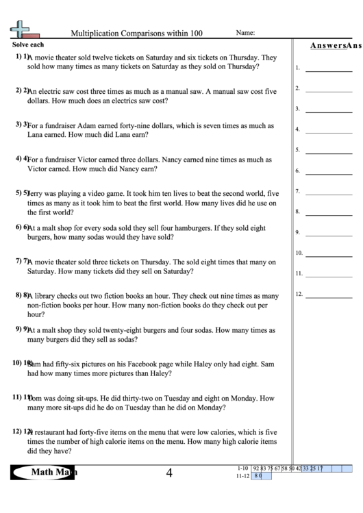 Multiplication Comparisons Within 100 - Math Worksheet With Answer Key ...