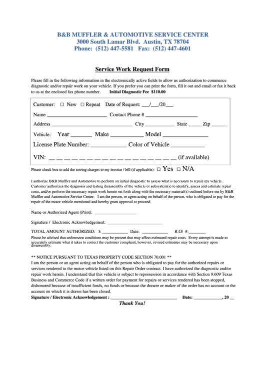 Service Work Request Form printable pdf download
