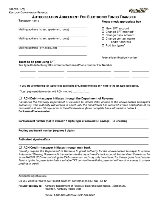 Form 10a070 - Authorization Agreement For Electronic Funds Transfer ...