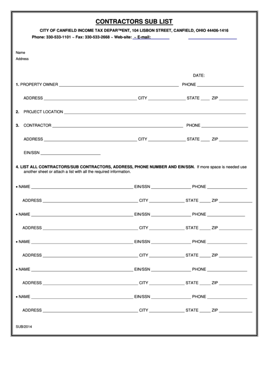 Fillable Contractors Sub List Form - City Of Canfield Income Tax ...