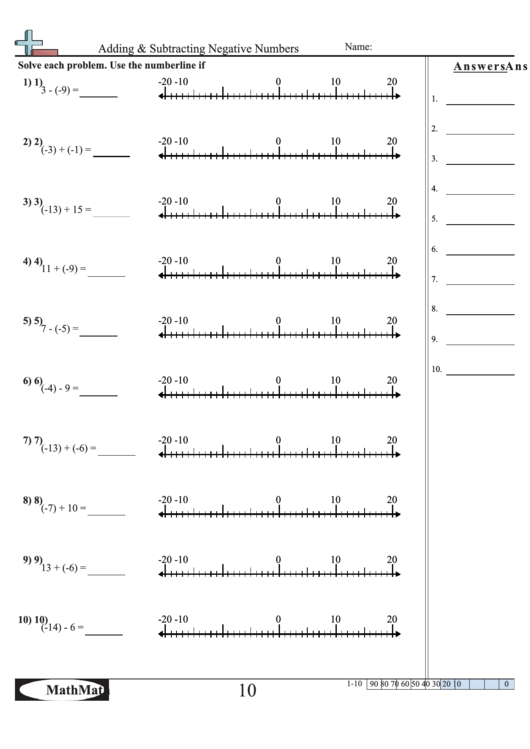 Adding & Subtracting Negative Numbers Worksheet printable pdf download