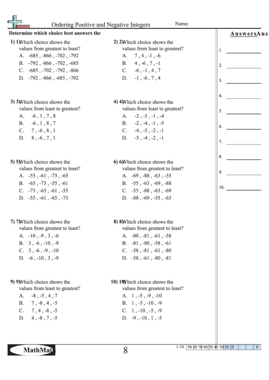 Ordering Positive And Negative Integers Worksheet printable pdf download