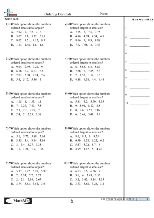 Ordering Decimals Worksheet printable pdf download