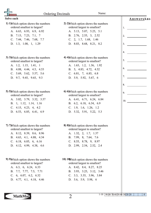 Ordering Decimals Worksheet printable pdf download