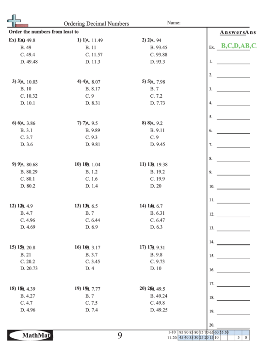 Ordering Decimal Numbers Worksheet printable pdf download