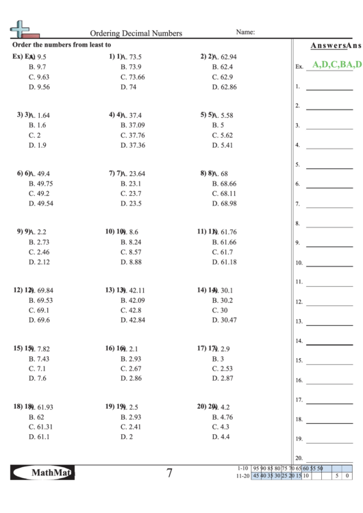 Ordering Decimal Numbers Worksheet printable pdf download