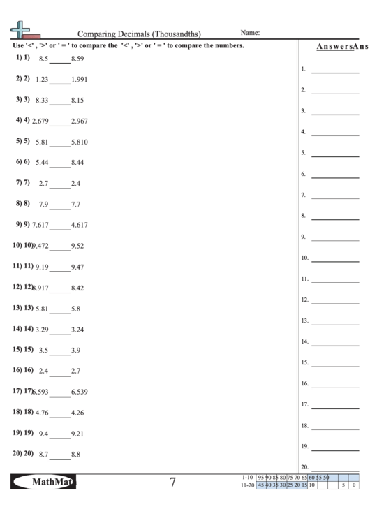 Comparing Decimals Thousandths Worksheet With Answer Key Printable