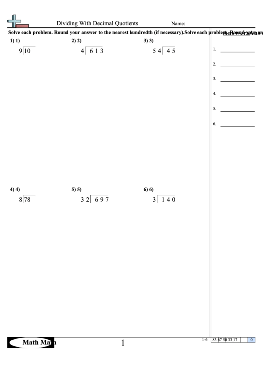 Dividing With Decimal Quotients Worksheet Printable Pdf Download