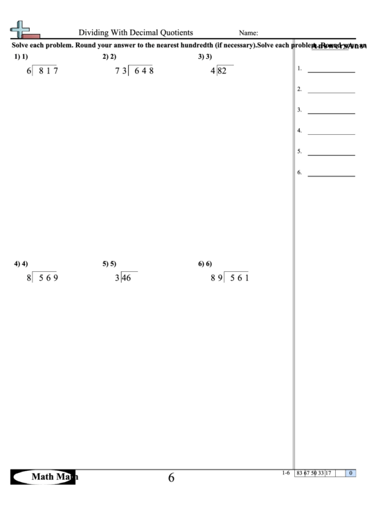 Dividing With Decimal Quotients Worksheet printable pdf download
