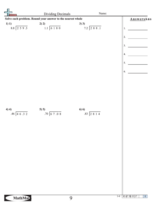 Dividing Decimals Worksheet printable pdf download