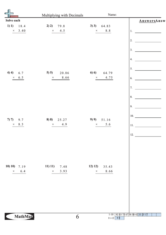 Multiplying With Decimals Worksheet printable pdf download