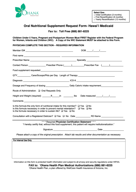 Oral Nutritional Supplement Request Form- Hawai'I Medicaid printable ...