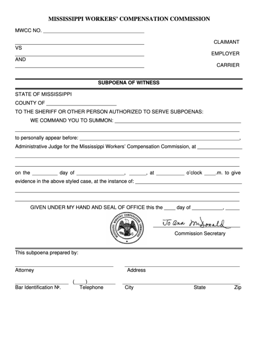 Fillable Subpoena Of Witness Form printable pdf download
