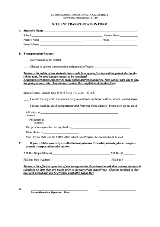 Student Transportation Form printable pdf download