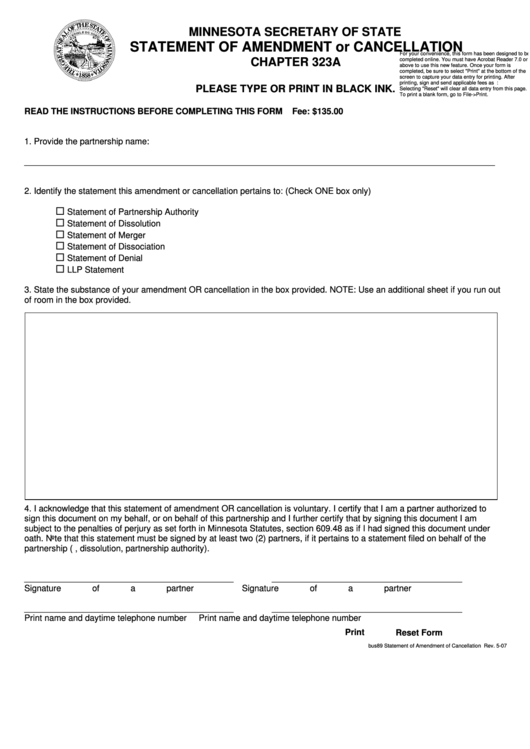 Fillable Statement Of Amendment Or Cancellation - Minnesota Secretary ...