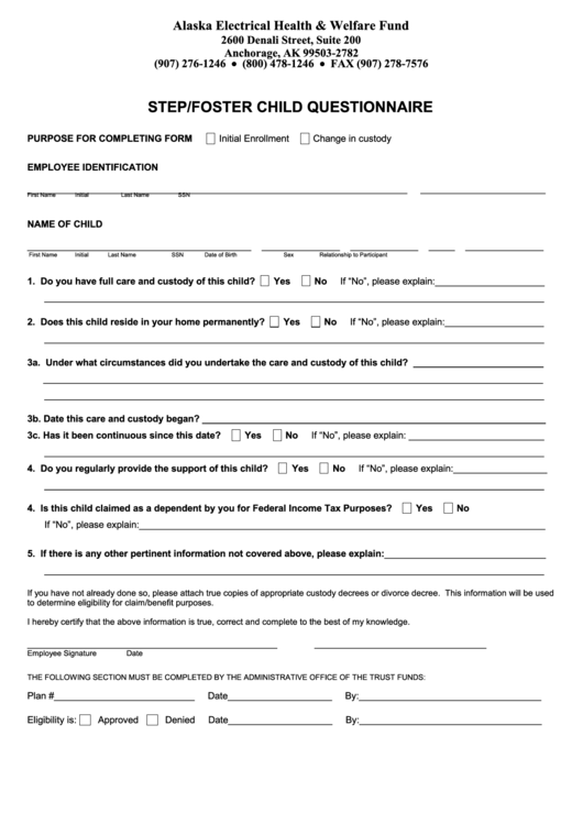 Fillable Step/foster Child Questionnaire Form printable pdf download