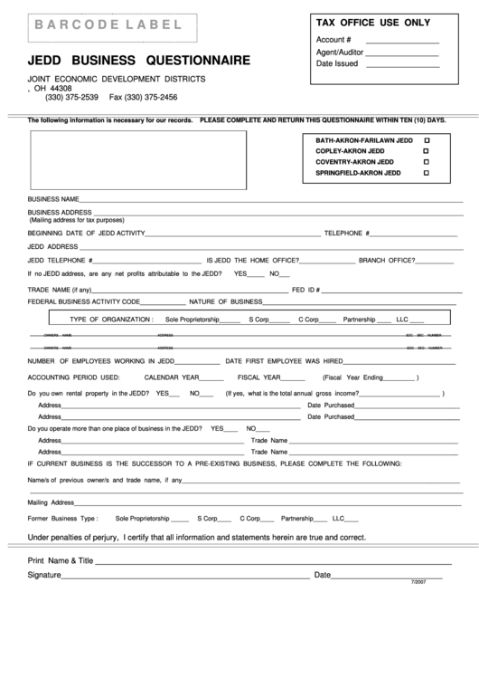 Jedd Business Questionnaire Form printable pdf download