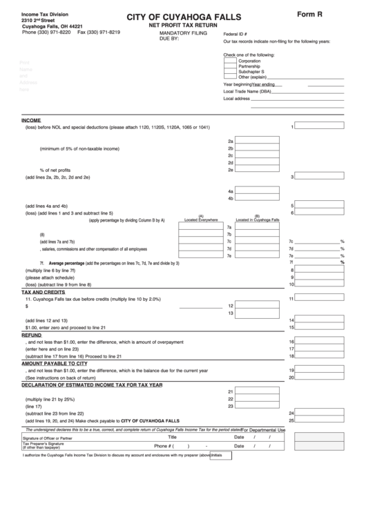 Form R - Net Profit Tax Return - City Of Cuyahoga Falls printable pdf ...