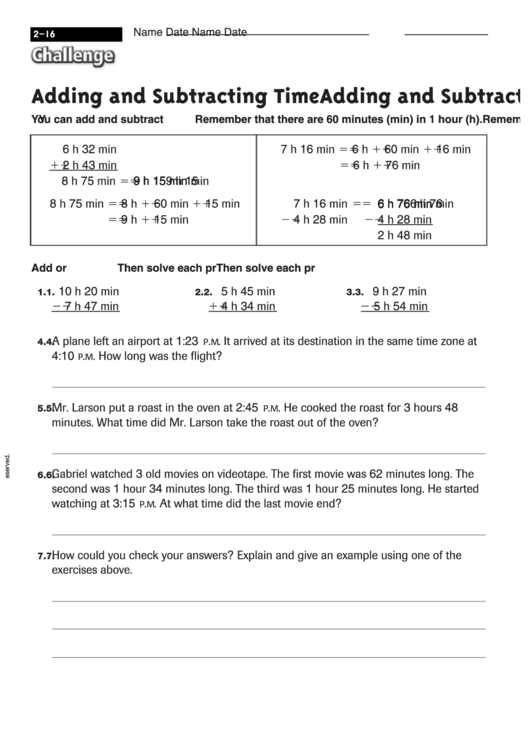 Adding And Subtracting Time Worksheets