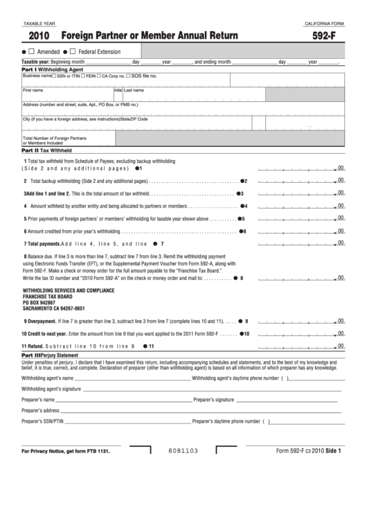 Fillable Form 592-F - Foreign Partner Or Member Annual Return - 2010 ...