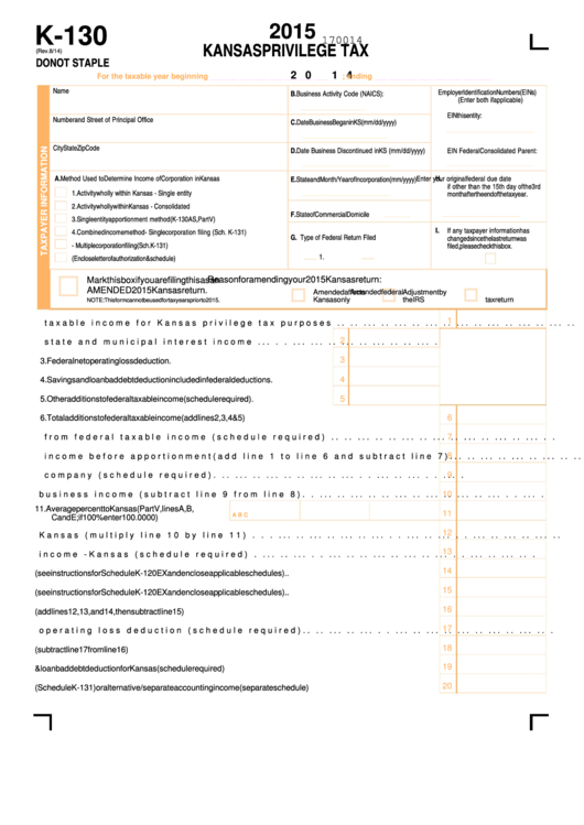 Fillable Form K-130 - Kansas Privilege Tax - 2015 printable pdf download