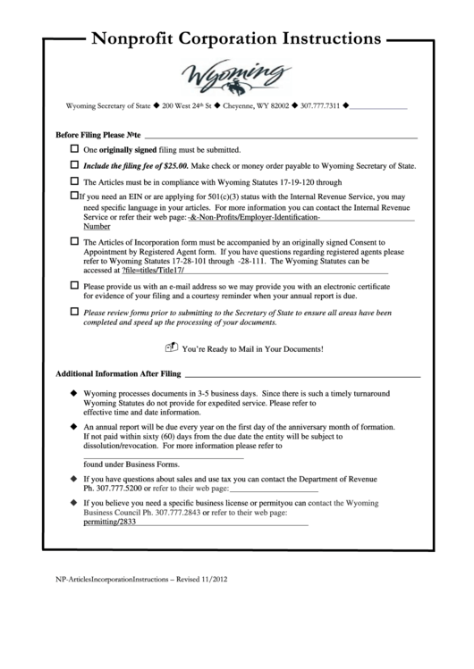 Nonprofit Corporation Instructions printable pdf download