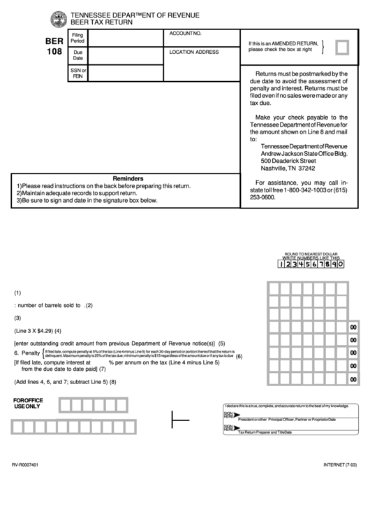 Form Ber 108 - Beer Tax Return printable pdf download