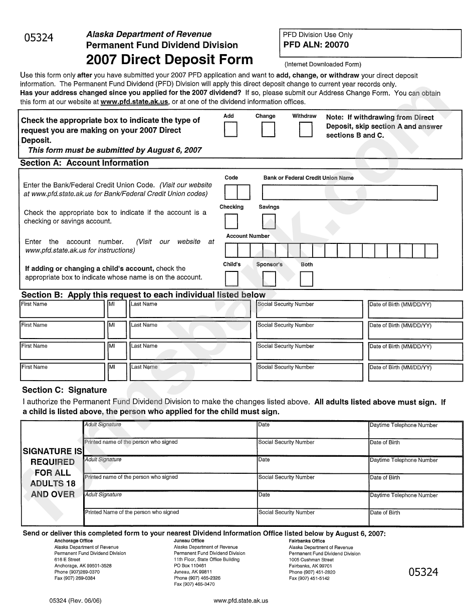 Direct Deposit Form - 2007 printable pdf download