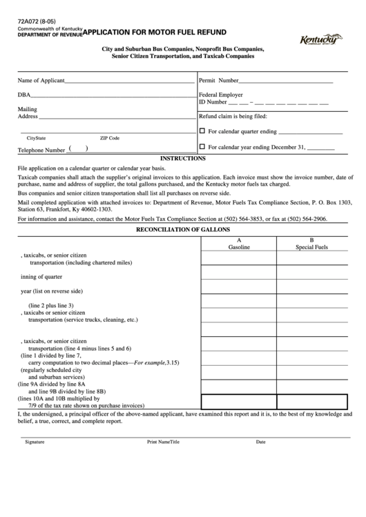 Form 72a072 - Application For Motor Fuel Refund printable pdf download